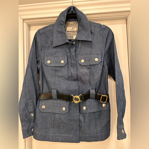 Coach | Jackets & Coats | Coach Blue Utility Jacket With Black Belt ...